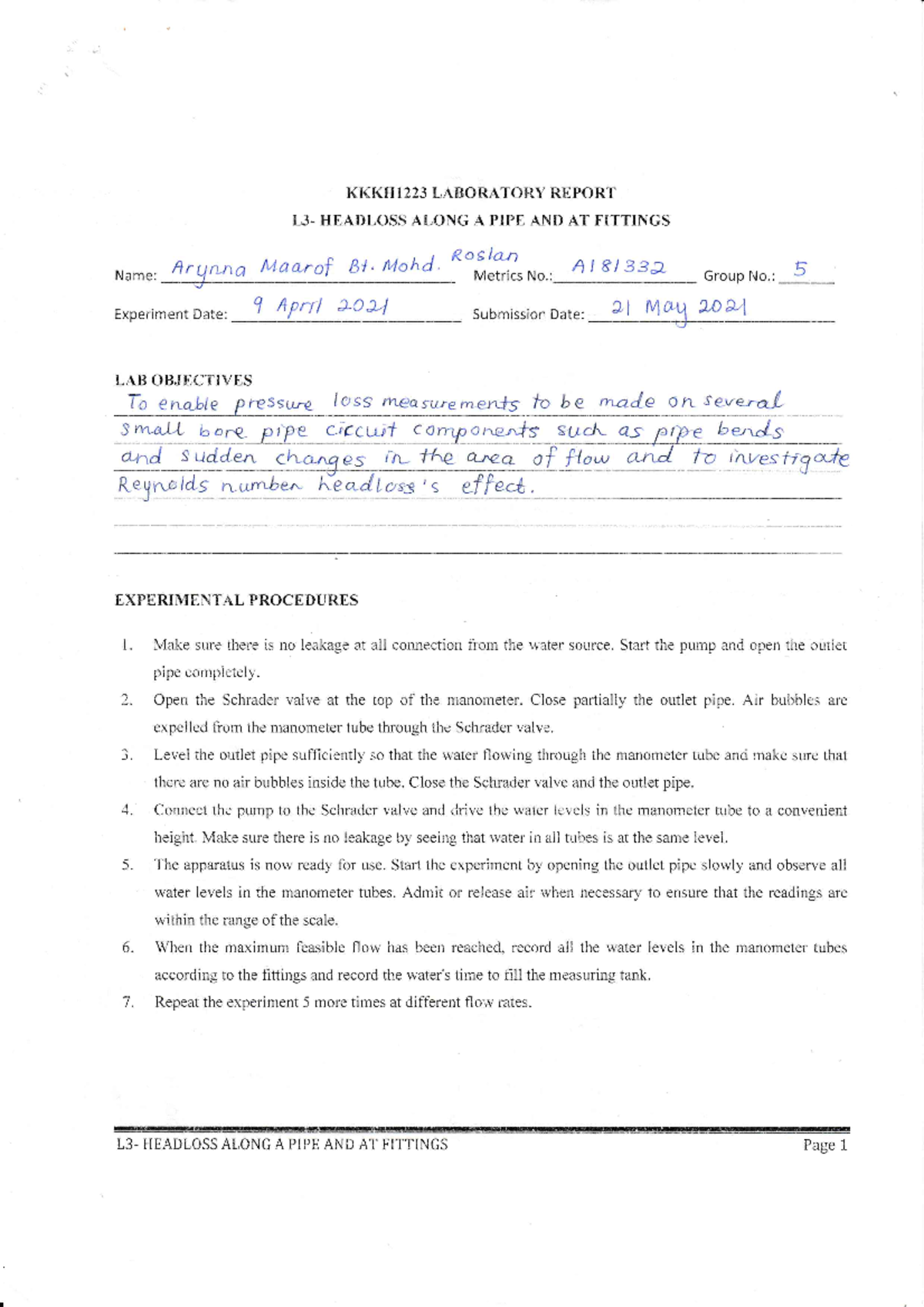 A181332 UK3 - LABORATORY REPORT ABOUT HEADLOSS ALONG A PIPE AND ITS ...