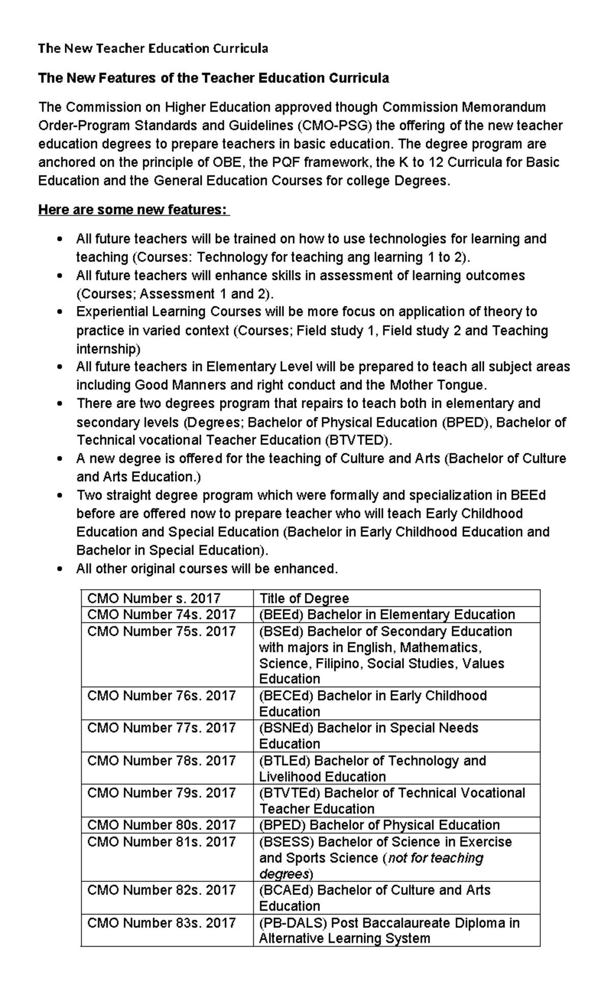 The New Teacher Education Curricula - The degree program are anchored ...