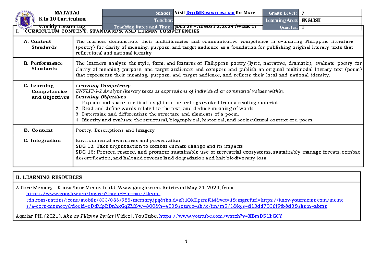 DLL Matatag English 7 Q1 W1 - I. CURRICULUM CONTENT, STANDARDS, AND LESSON COMPETENCIES A ...