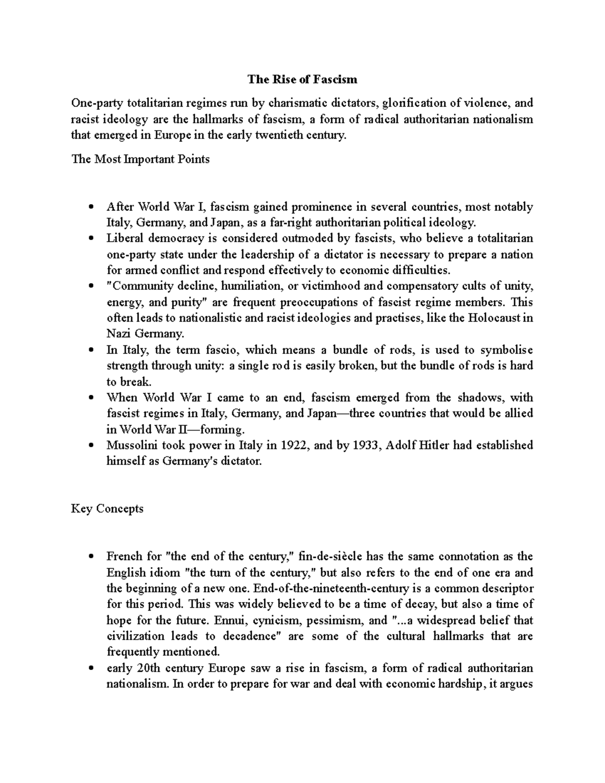 The Rise of Fascism - Lecture notes 1 - The Rise of Fascism One-party ...