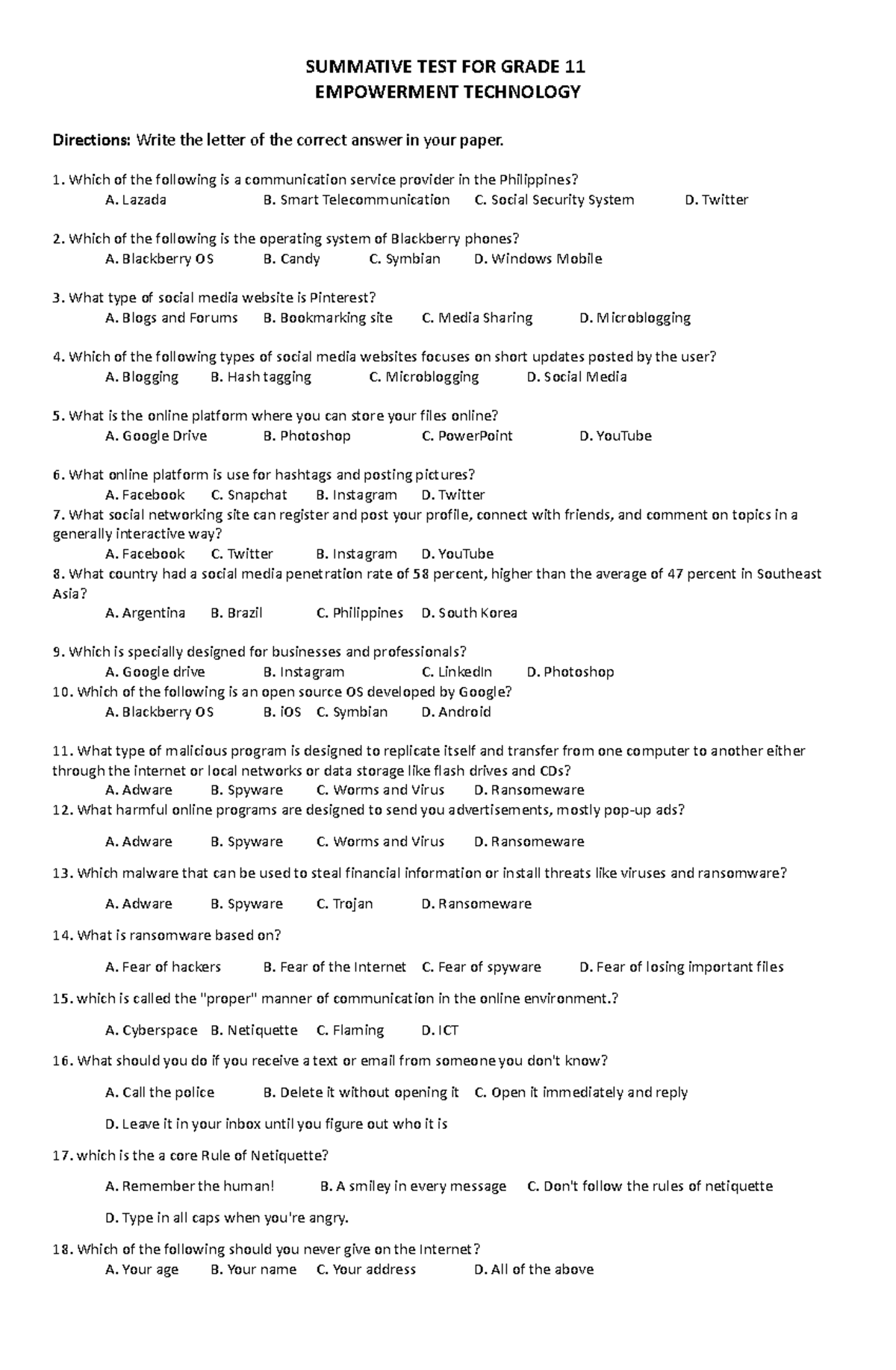 WEEK 1 Summative TEST FOR Grade 11 E-Tech - SUMMATIVE TEST FOR GRADE 11 ...