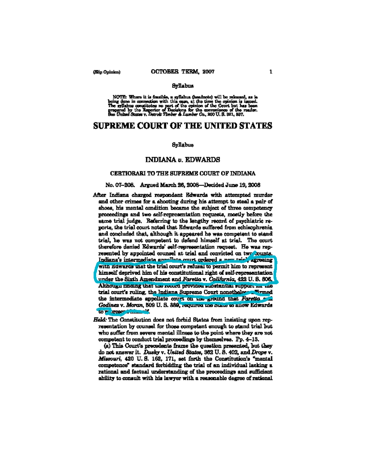 Indiana vs Edwards Case Brief Notes - PSY 4930 - Studocu