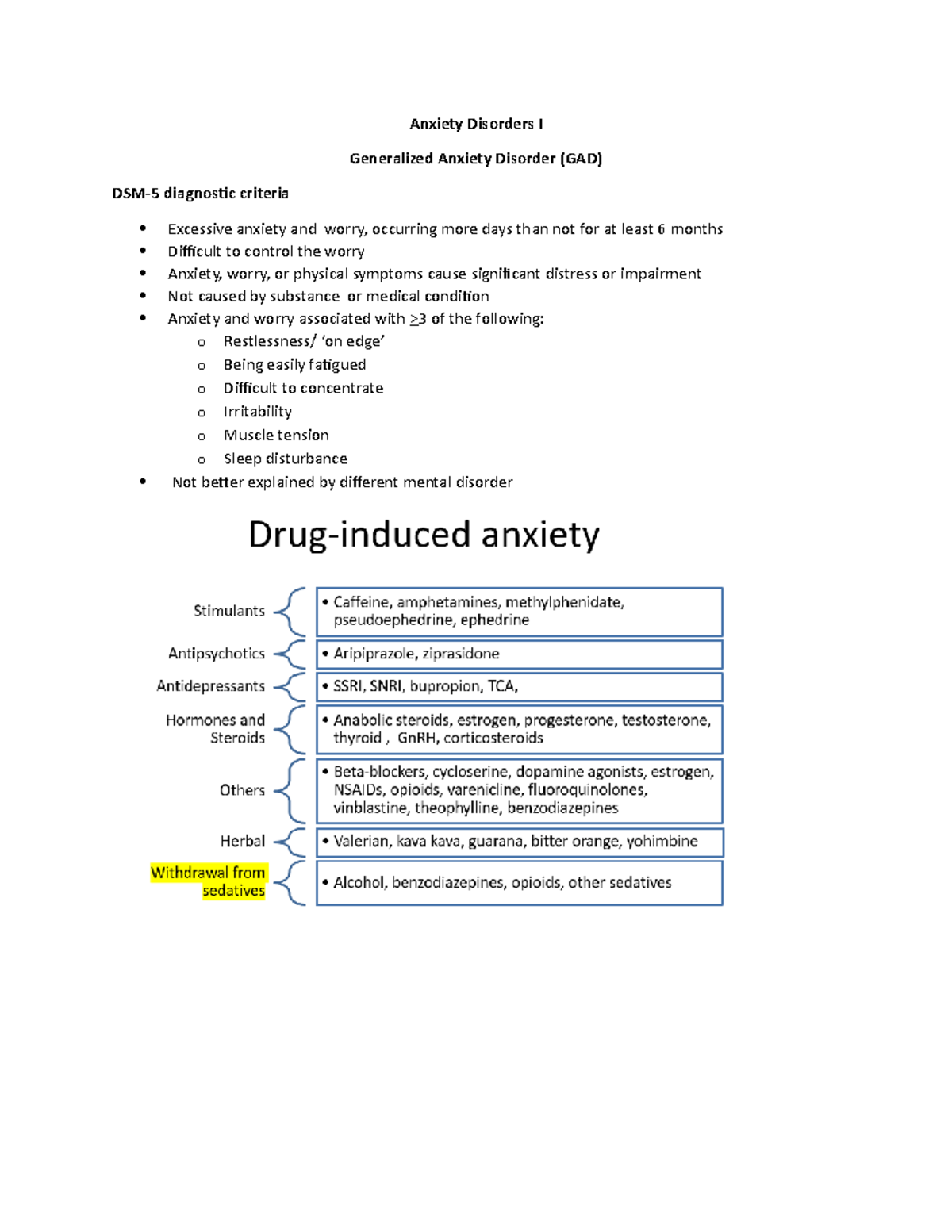 Anxiety Disorders I - Summarize notes from lecture and PowerPoint ...