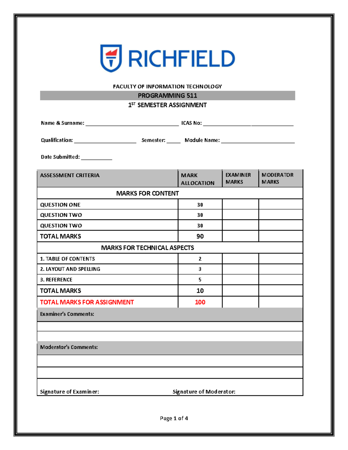 Bsc I.T Programming 511Richfield college - FACULTY OF INFORMATION ...