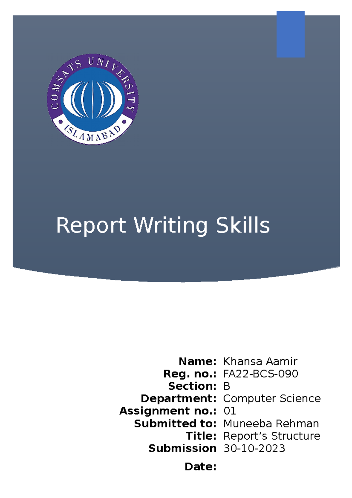 Assignment 01 - Analysis of a report - Report Writing Skills Name ...