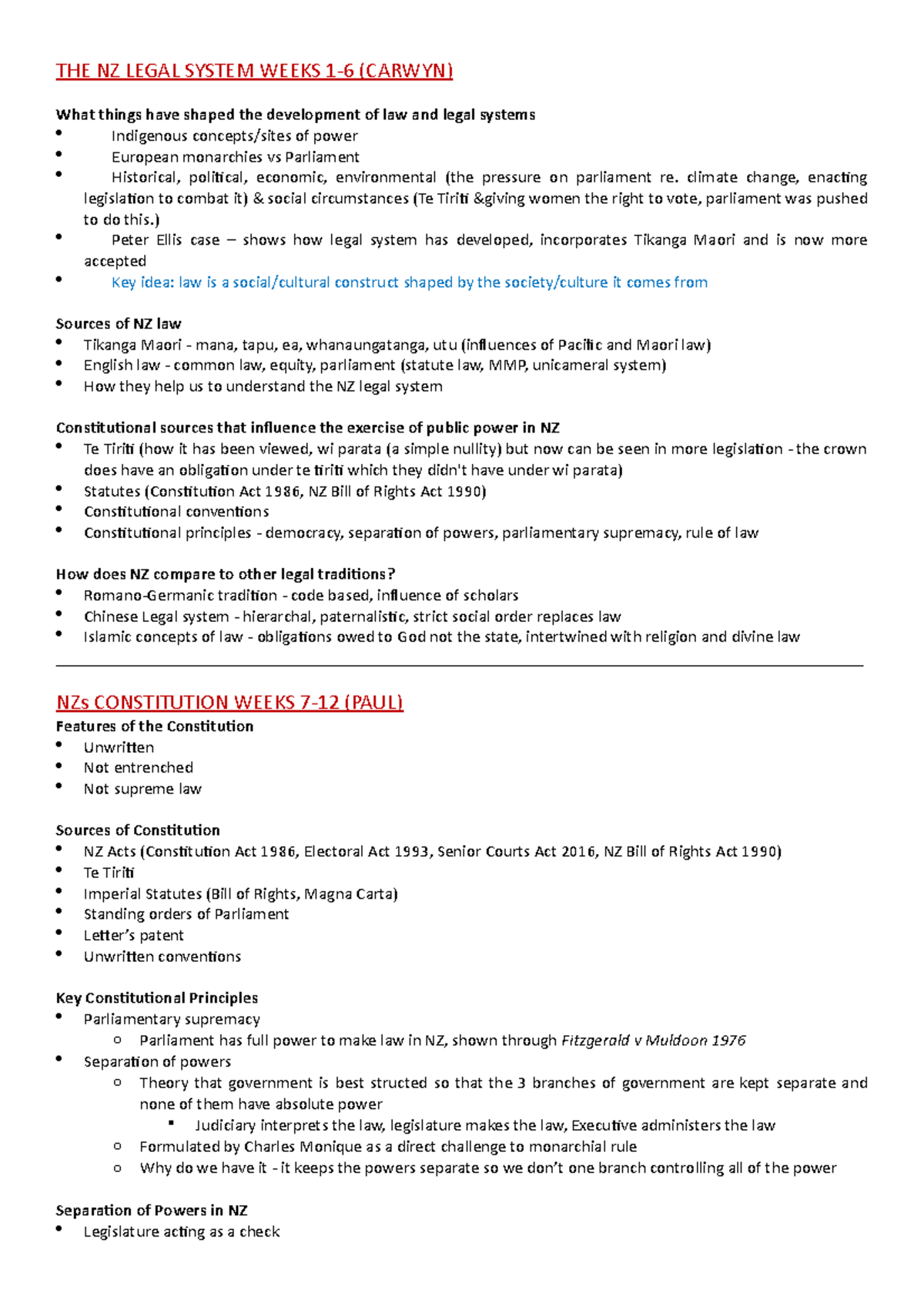 Summary of All Key Content in LAWS121 - THE NZ LEGAL SYSTEM WEEKS 1-6 ...