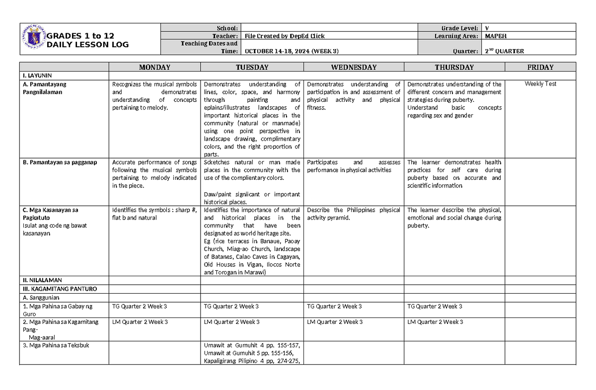 DLL Mapeh 5 Q2 W3 - dsadsad - GRADES 1 to 12 DAILY LESSON LOG School: Grade Level: V Teacher ...