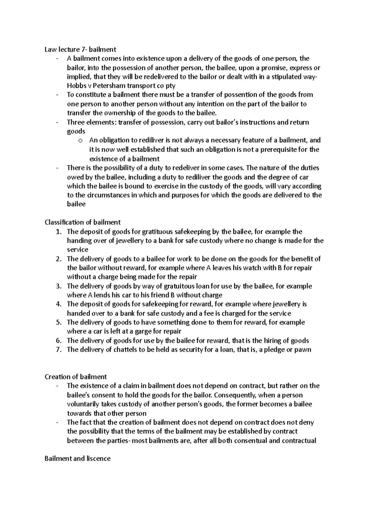 Legal framework of business lecture 7 - Law lecture 7- bailment - A ...