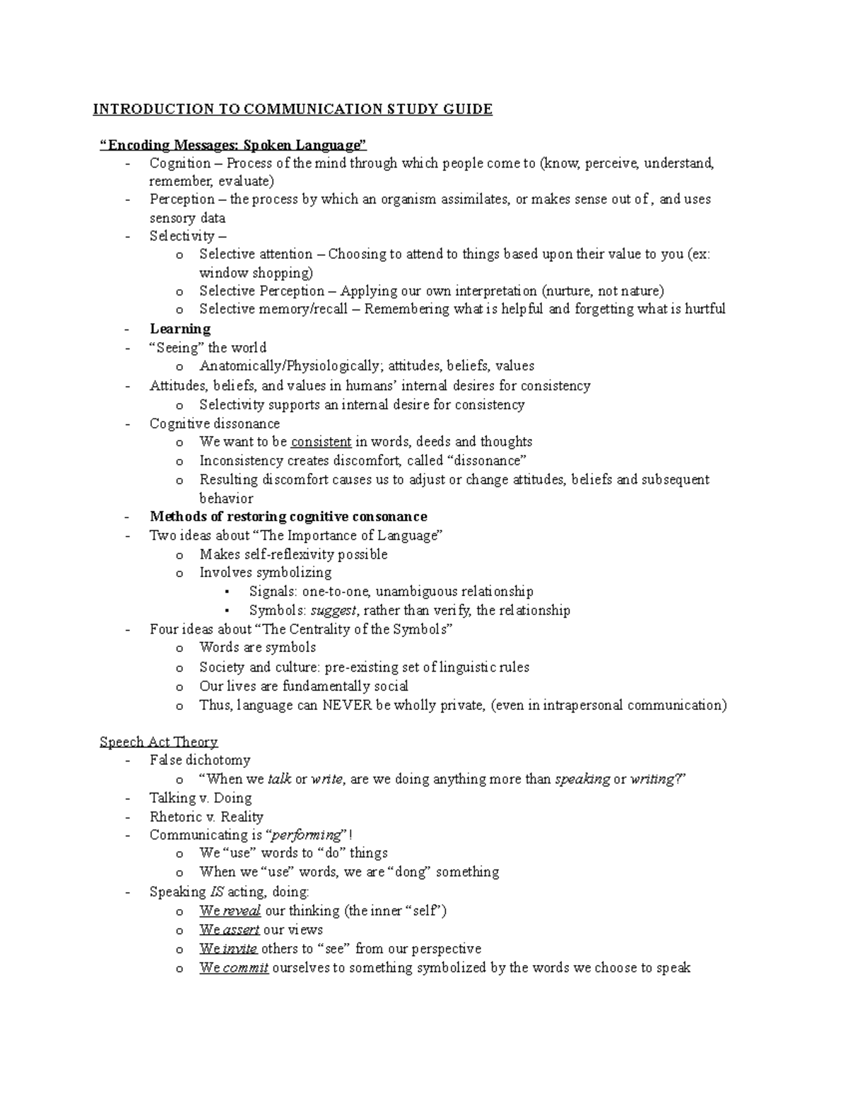 Introduction to Communication Study Guide - INTRODUCTION TO ...