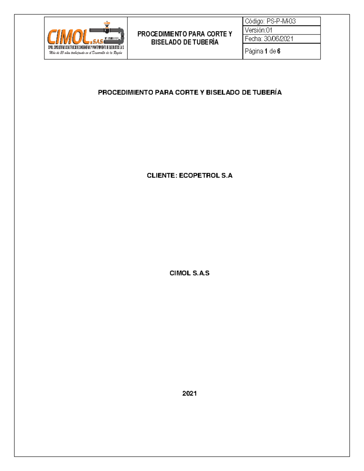 PS-P-M-03 Corte Y Biselado DE Tuberia - PROCEDIMIENTO PARA CORTE Y ...