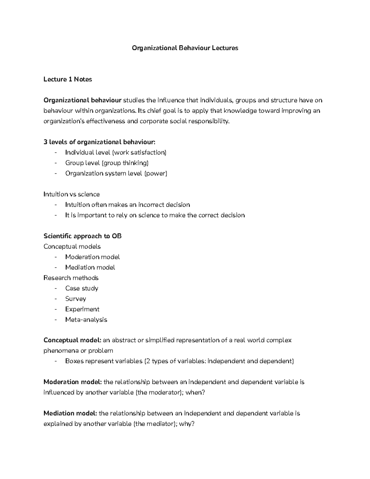 Organizational Behaviour Lecture 1-7 Notes - Organizational Behaviour ...
