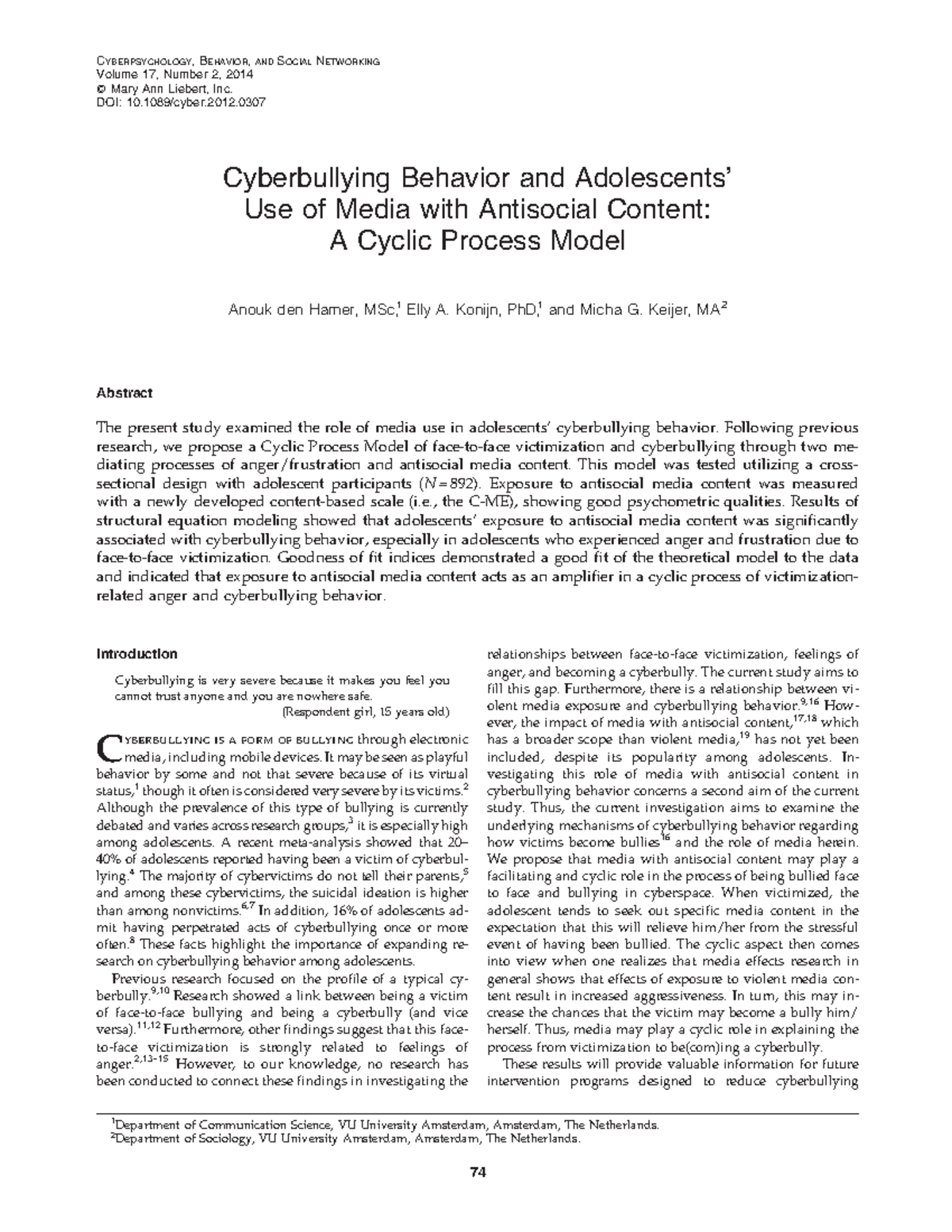Cyberbullying Behavior and Adolescents’ - Konijn, PhD, 1 and Micha G ...
