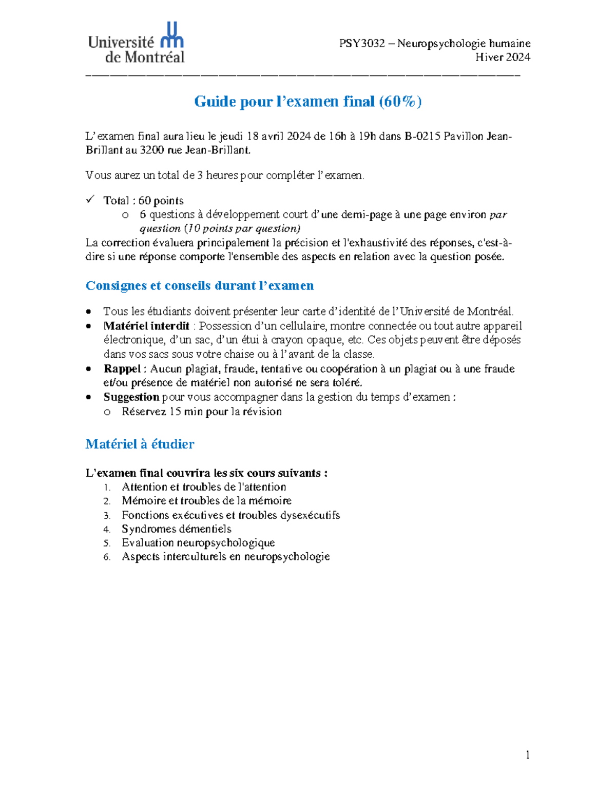 Guide pour l'examen final - Hiver 2024 Guide pour l’examen final ( 6 0% ...