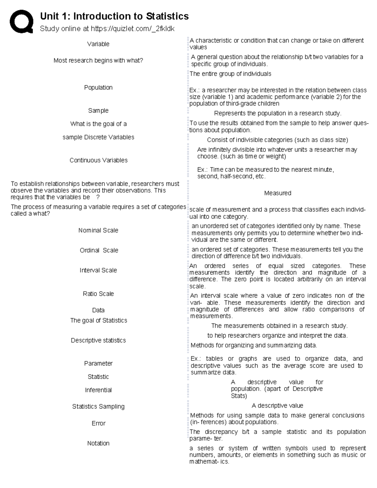 Unit 1 Flash Cards for Stats-converted - values Unit 1: Introduction to ...