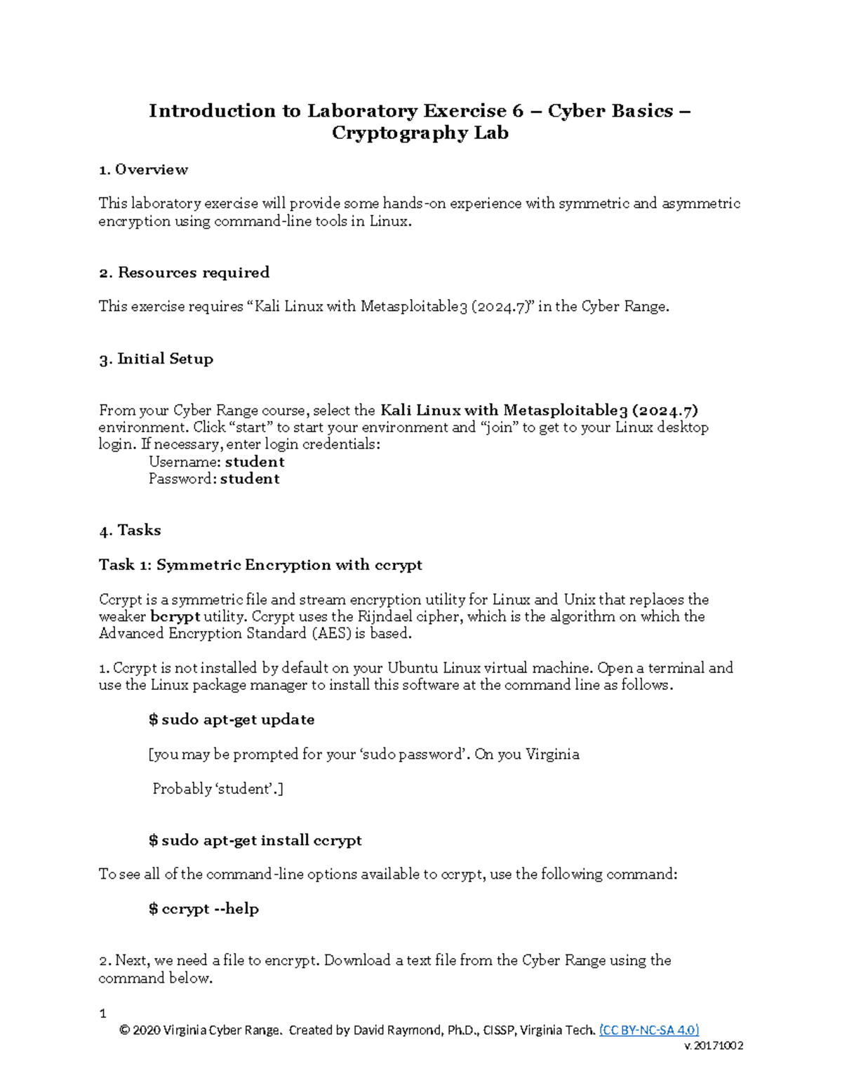 Lab6 Crypto - Introduction to Laboratory Exercise 6 – Cyber Basics – Cryptography Lab 1 ...