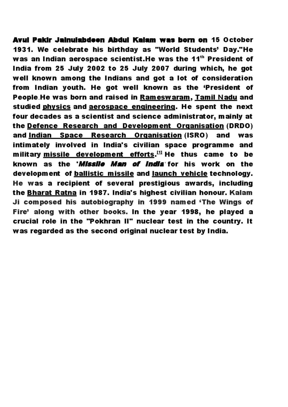 APJ Abdul Kalam - about him - Avul Pakir Jainulabdeen Abdul Kalam was ...