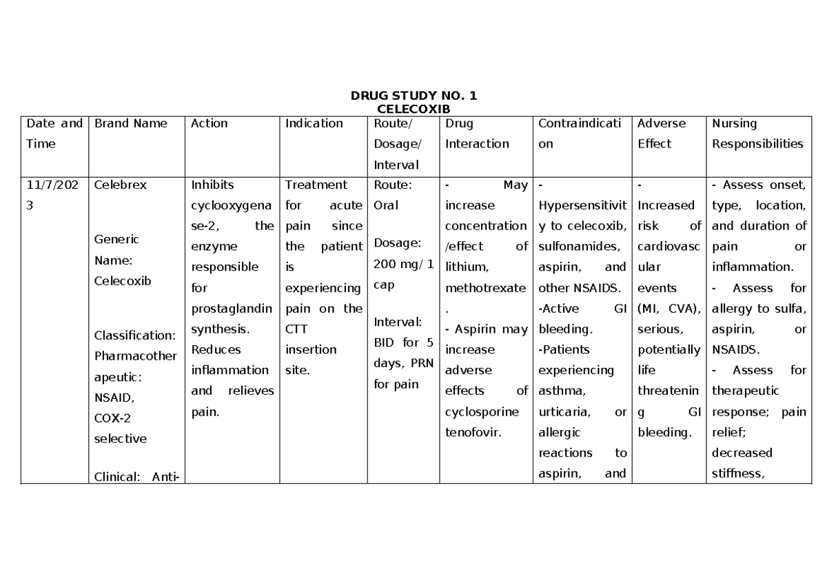 Drug-study-revised - HDAJKSDHS - DRUG STUDY NO. 1 CELECOXIB Date and ...