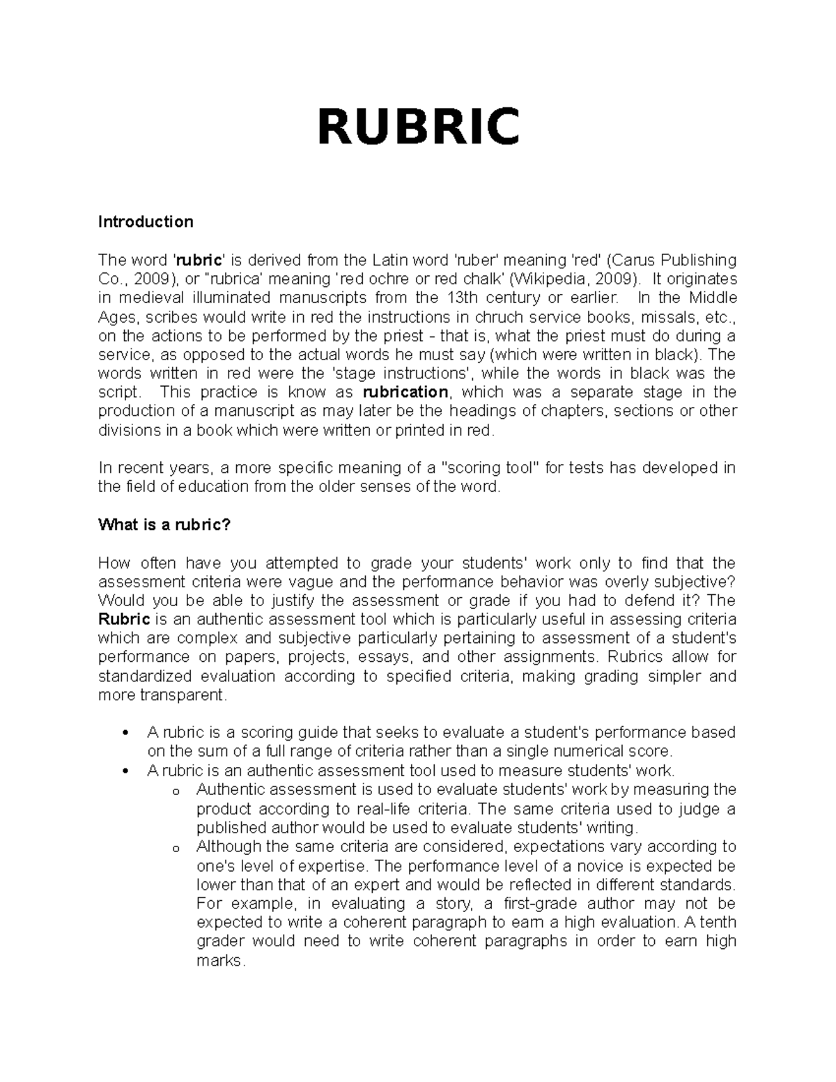 Handout - Hello - RUBRIC Introduction The word ' rubric ' is derived ...