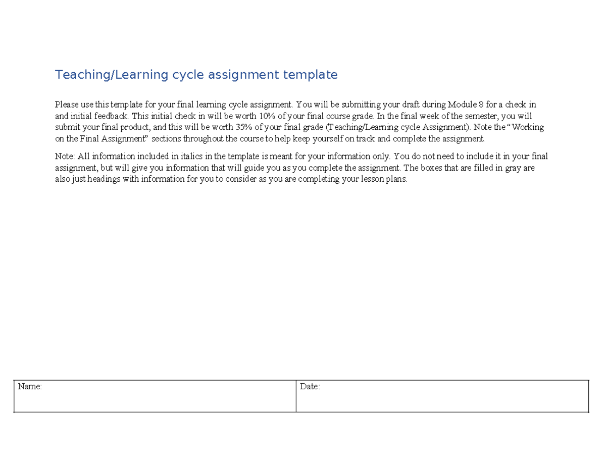 EM300 Learning Cycle Template - Teaching/Learning cycle assignment ...