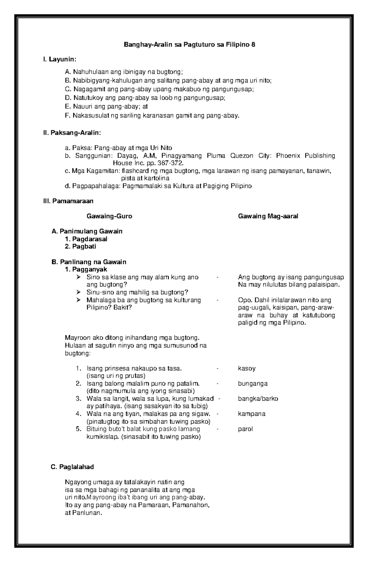 Lesson plan fil 9 - Banghay-Aralin sa Pagtuturo sa Filipino 8 I ...