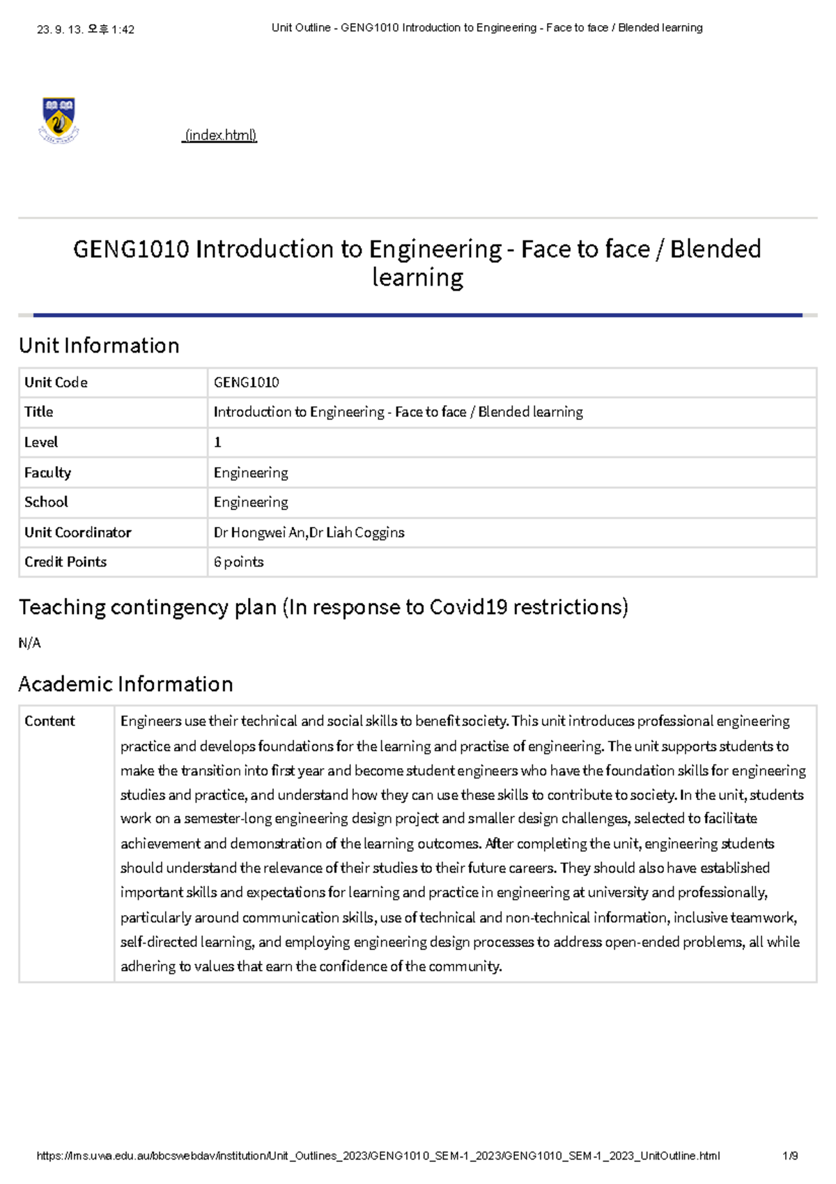 Unit Outline - GENG1010 Introduction to Engineering - Face to face ...