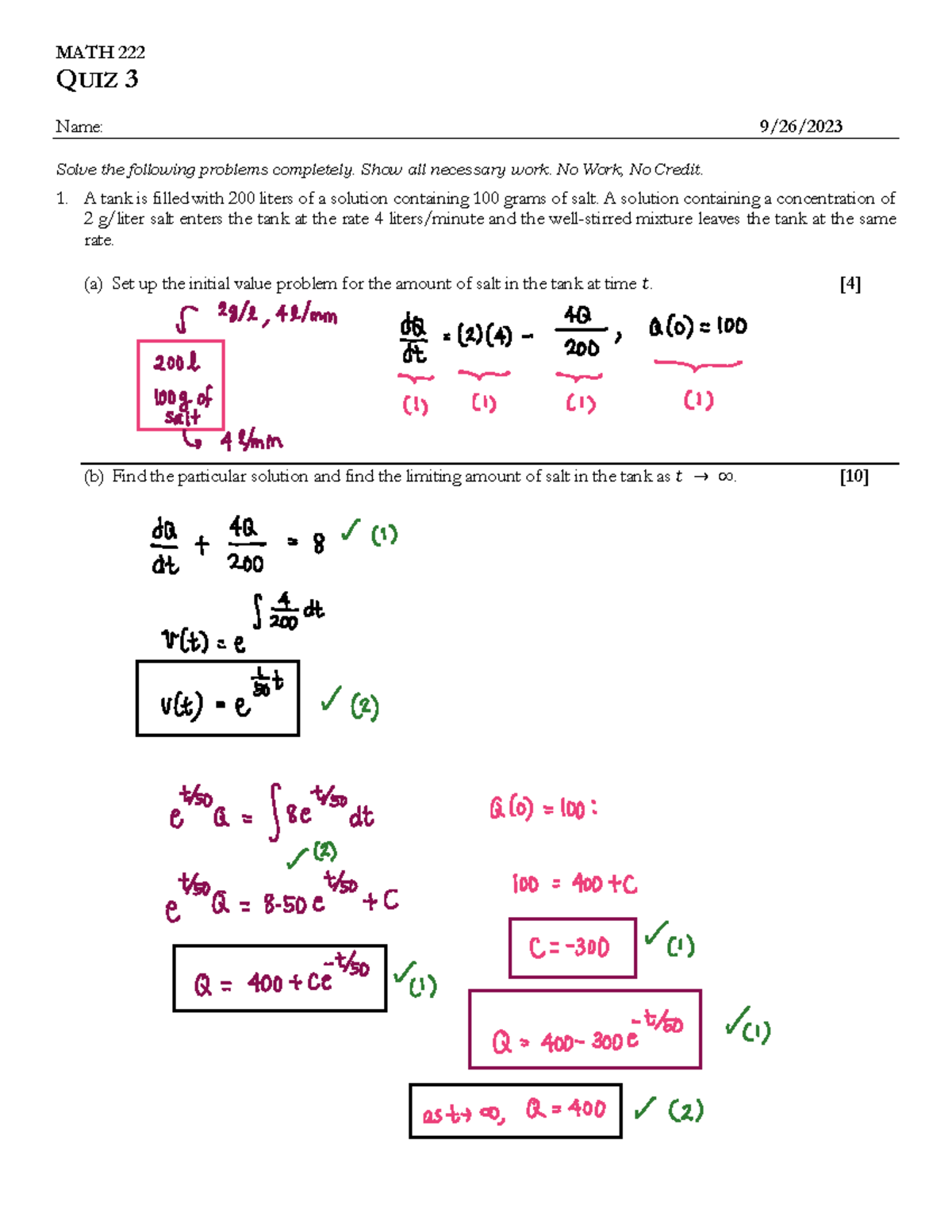 MATH 222 - Quiz 3 - Mixture and Higher Order - MATH 222 QUIZ 3 Name: 9 ...