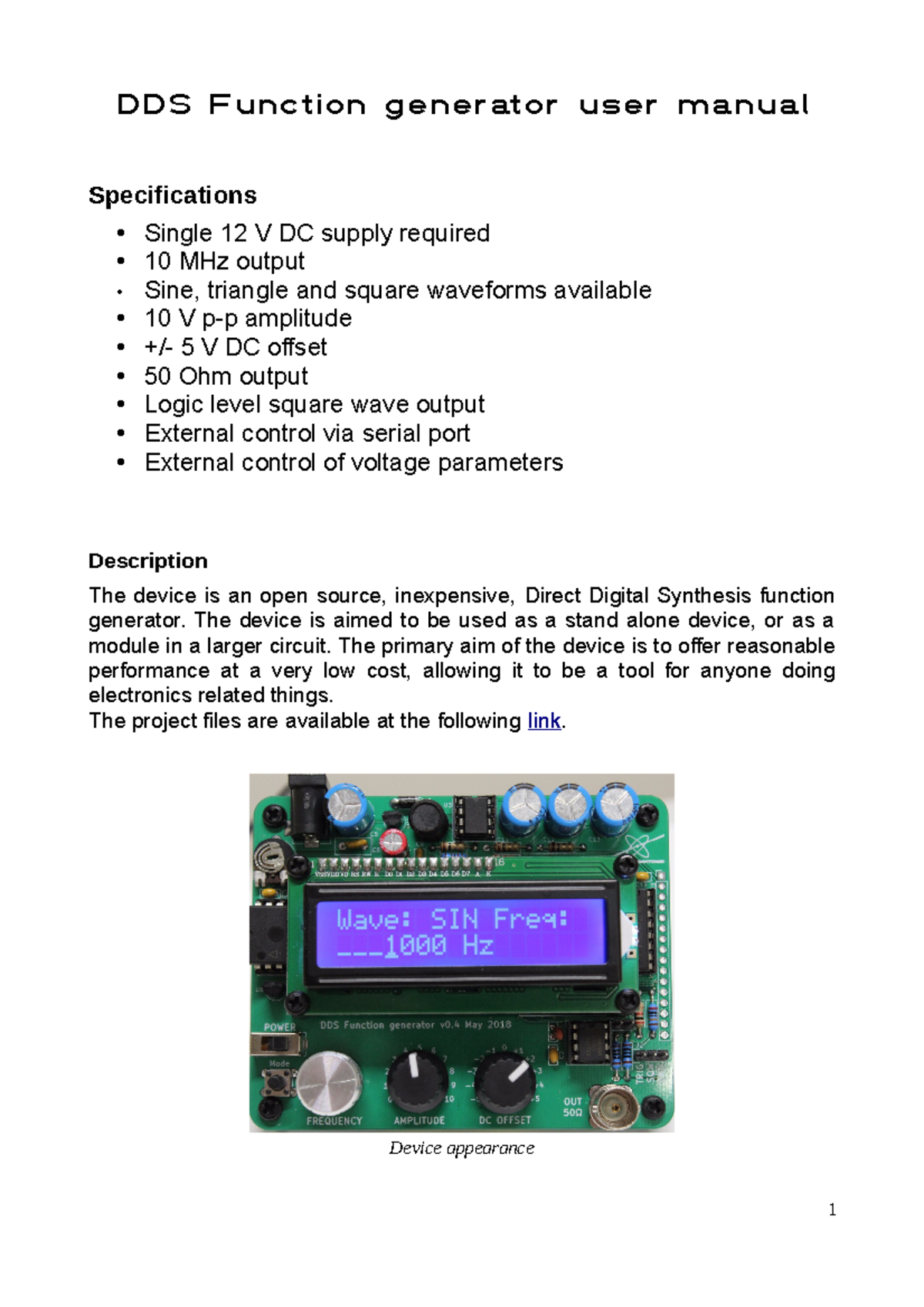Ddsfg-manual - DDS Function generator user manual Specifications ...