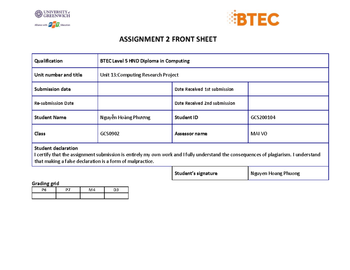 1639 GCS2001 04 Nguyen Hoang Phuong Assignment 2 - ASSIGNMENT 2 FRONT ...