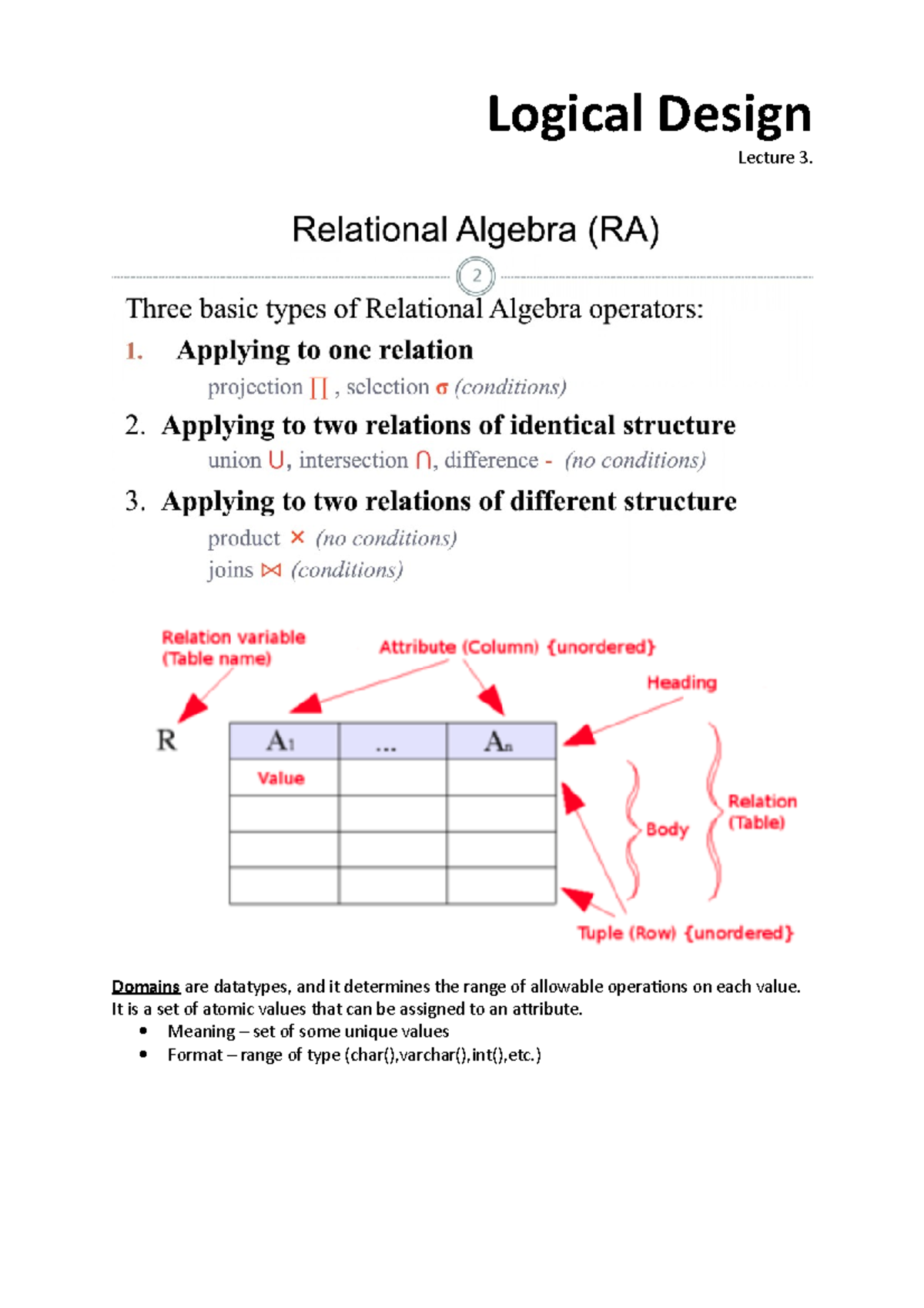 My SQL Background - Logical Design Lecture 3. Domains are datatypes ...