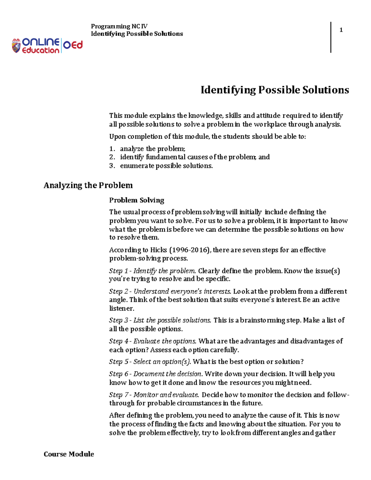 Week 005-006- Module Identifying Possible Solutions - Programming NC IV ...