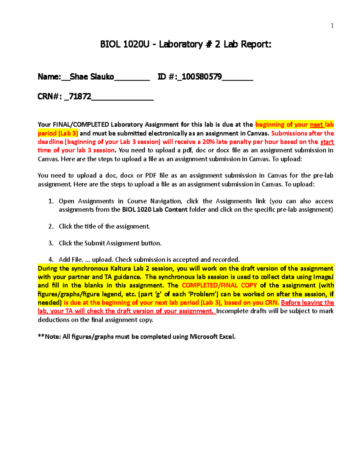 Lab 2 Lab Assignment-1 - BIOL 1020 U - Laboratory # 2 Lab Report: Name ...