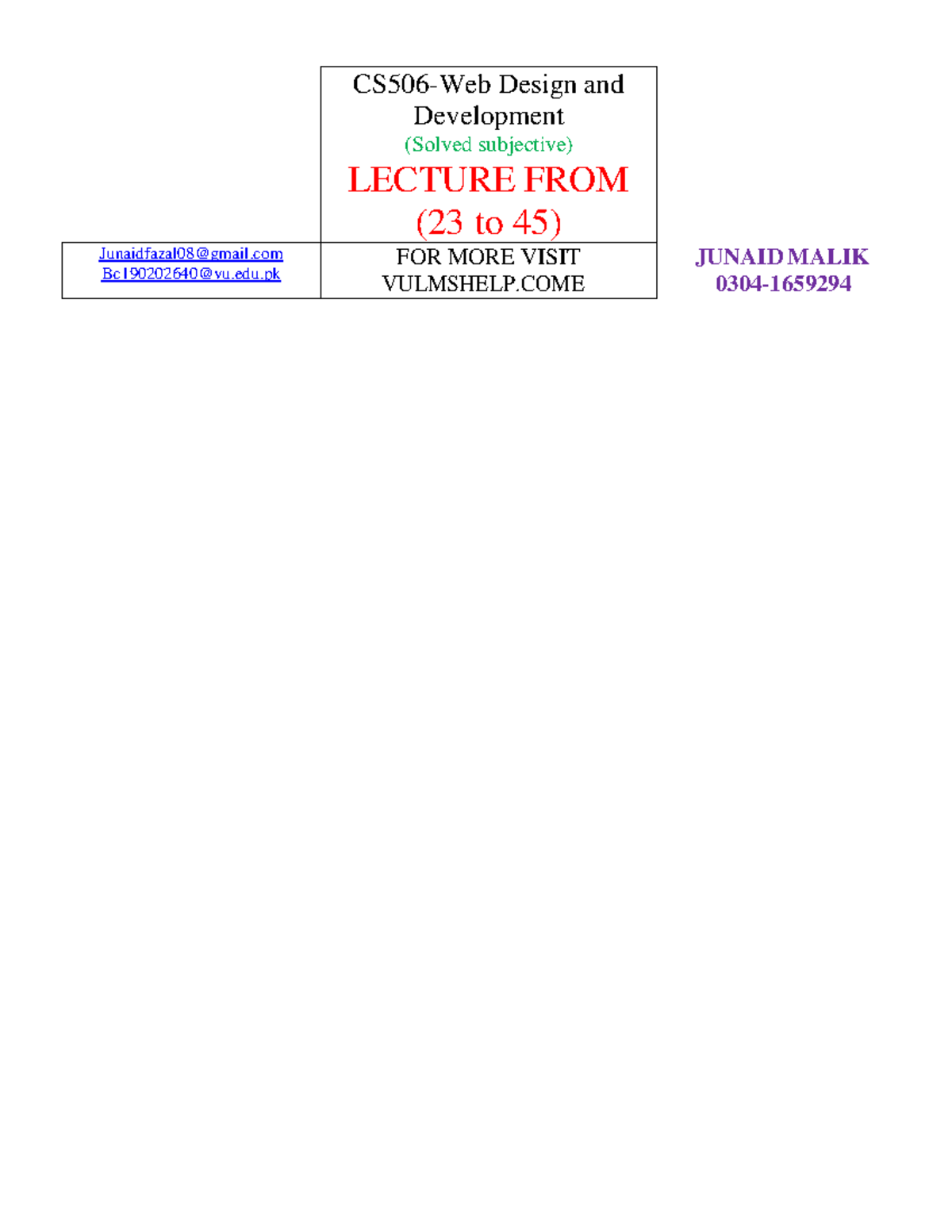 CS506 Solved Subjective Final TERM BY Junaid - JUNAID MALIK 0304 - 1659294 FOR MORE VISIT ...