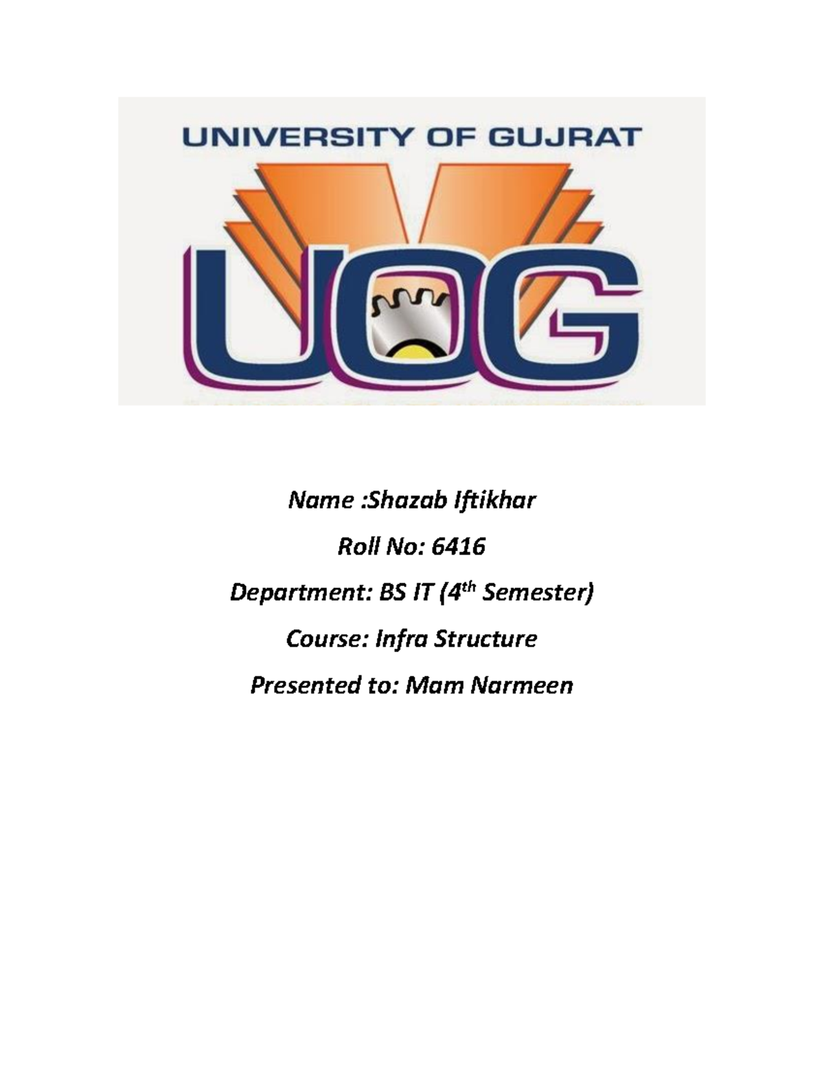 Shazab Iftikhar(6416) Infra structure - Name :Shazab Iftikhar Roll No ...