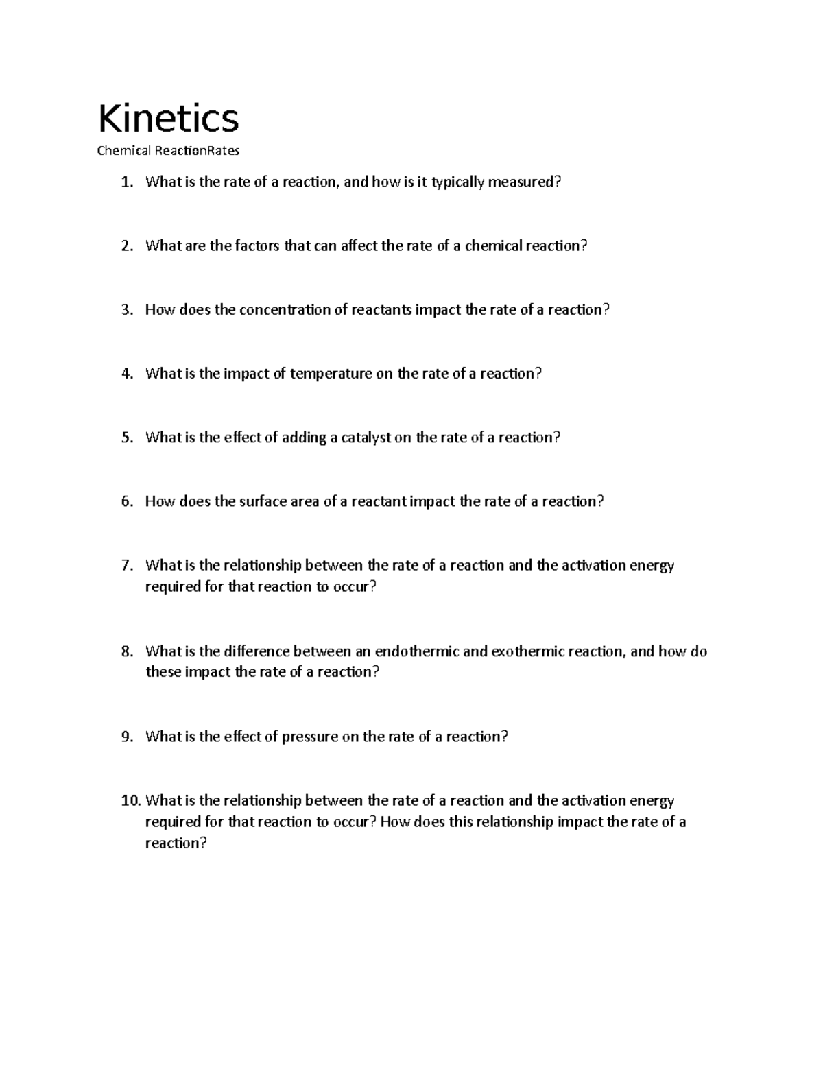 Kinetics Chapter 12 - self-made chemistry worksheet - Kinetics Chemical ...