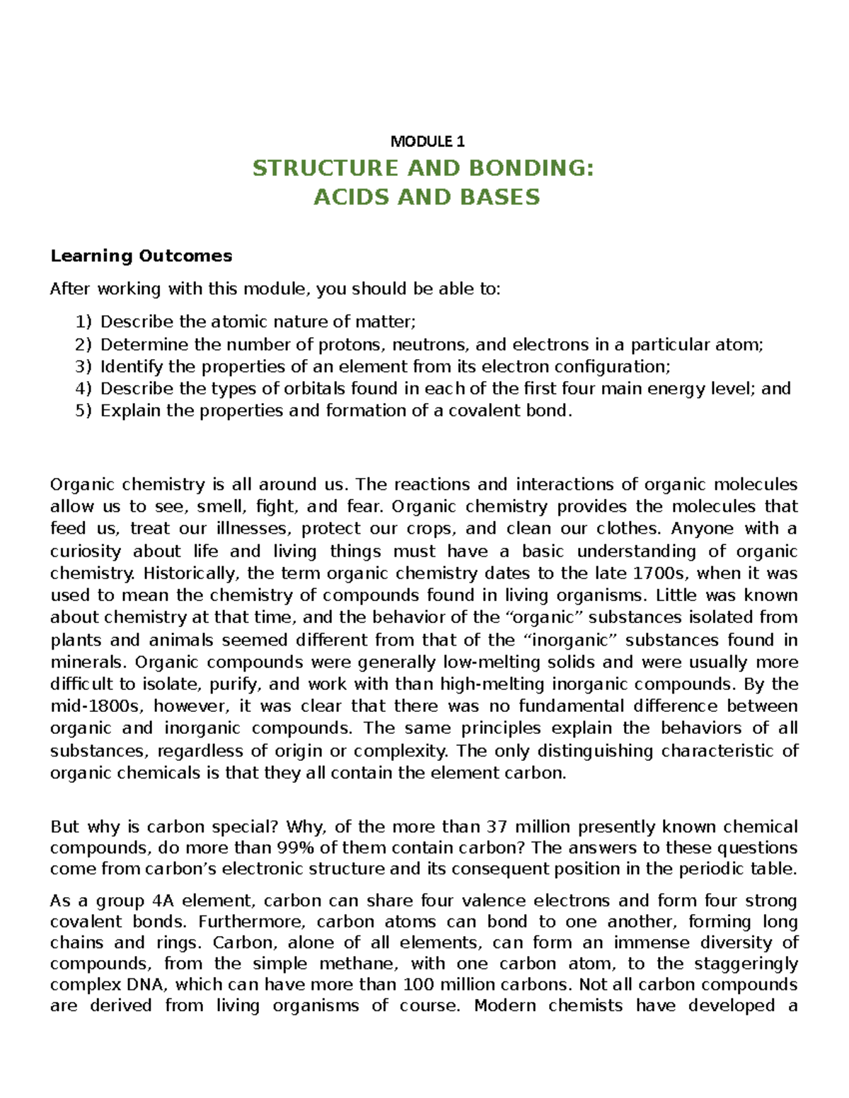 Module 1 Org. Chem - none - MODULE 1 STRUCTURE AND BONDING: ACIDS AND BASES Learning Outcomes ...