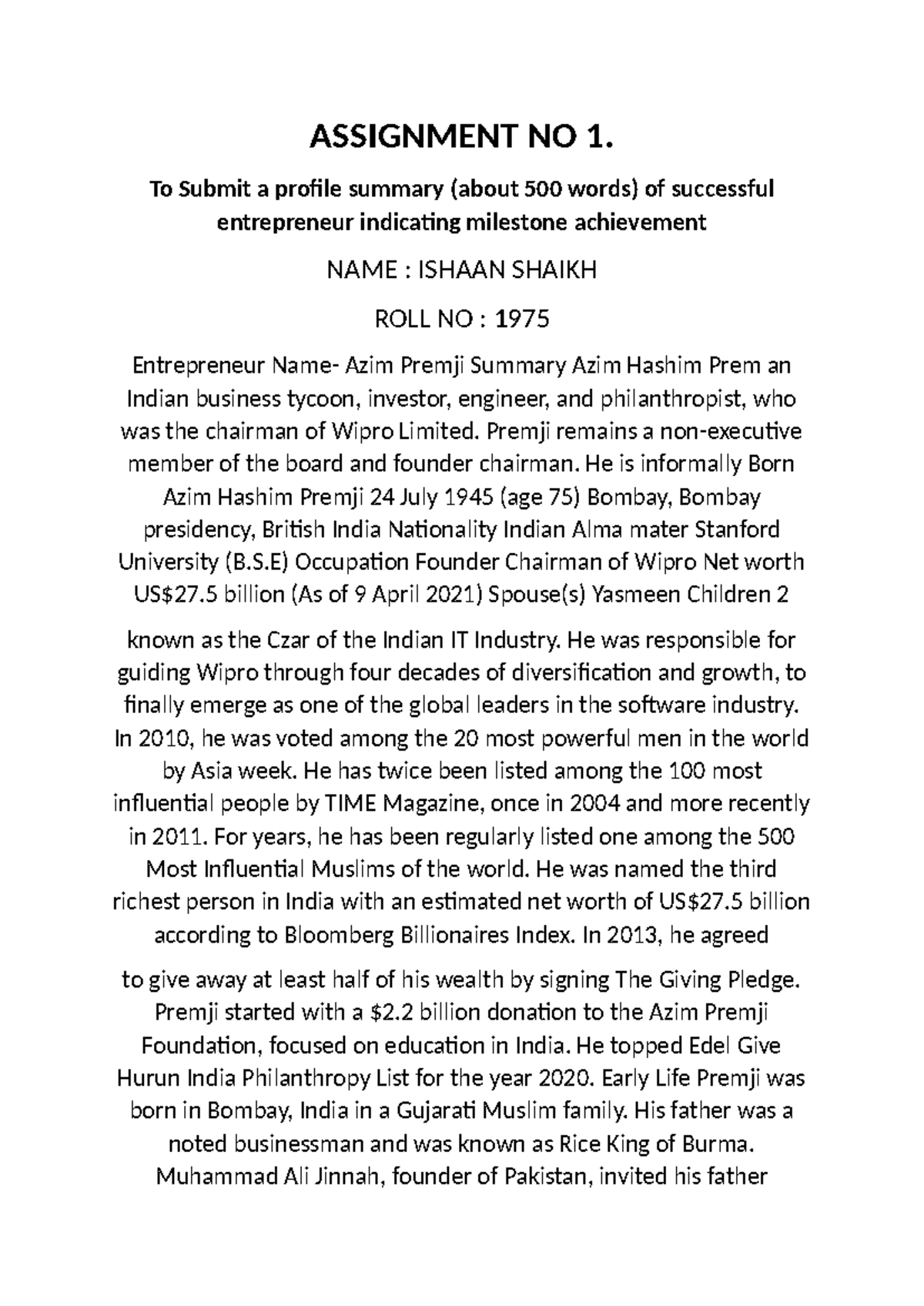 Bhakti assi - EDE Assignment - ASSIGNMENT NO 1. To Submit a profile ...