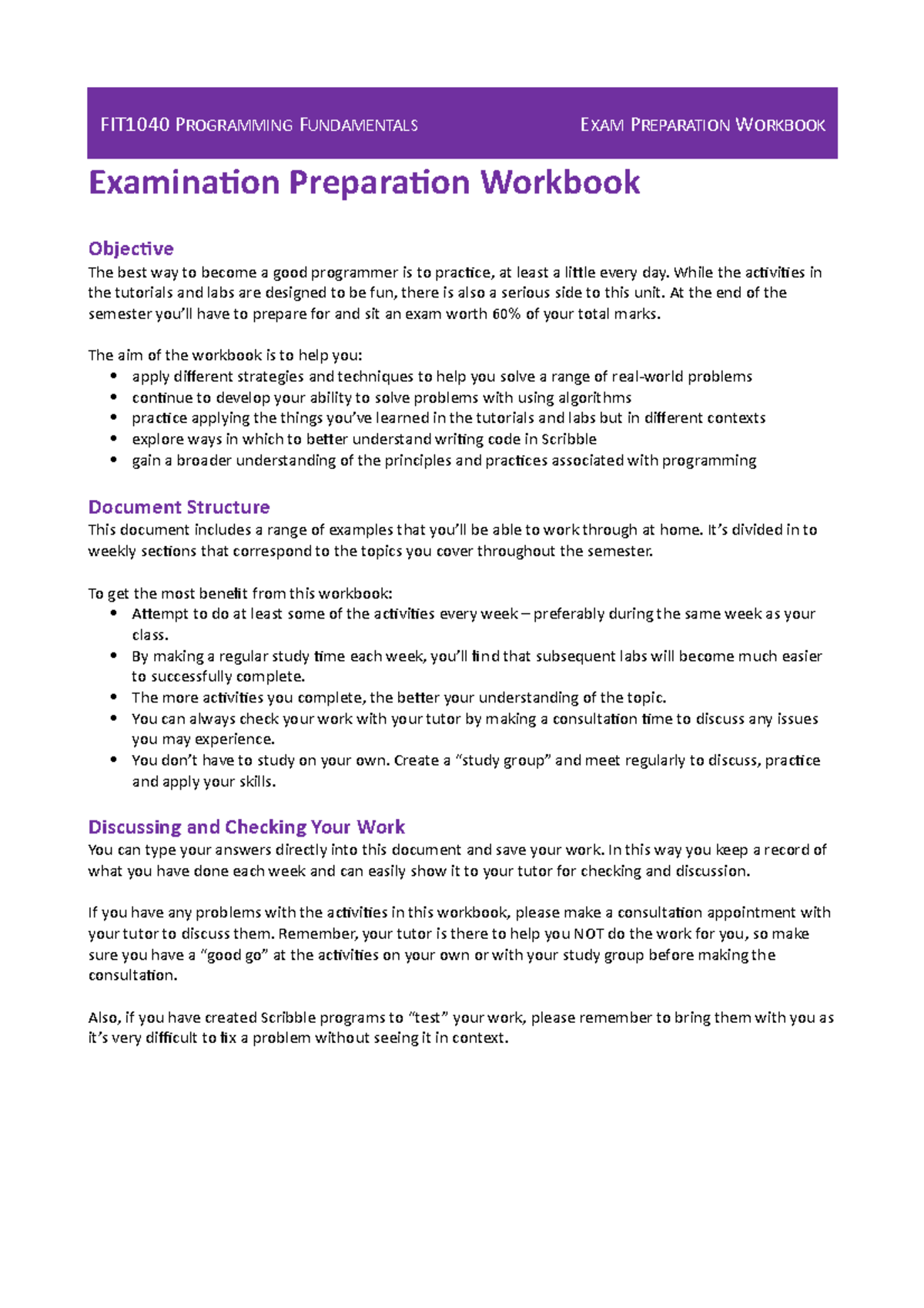 FIT1040-S1-2015-Exam Prep - FIT1040 PROGRAMMING FUNDAMENTALS EXAM PREPARATION WORKBOOK ...