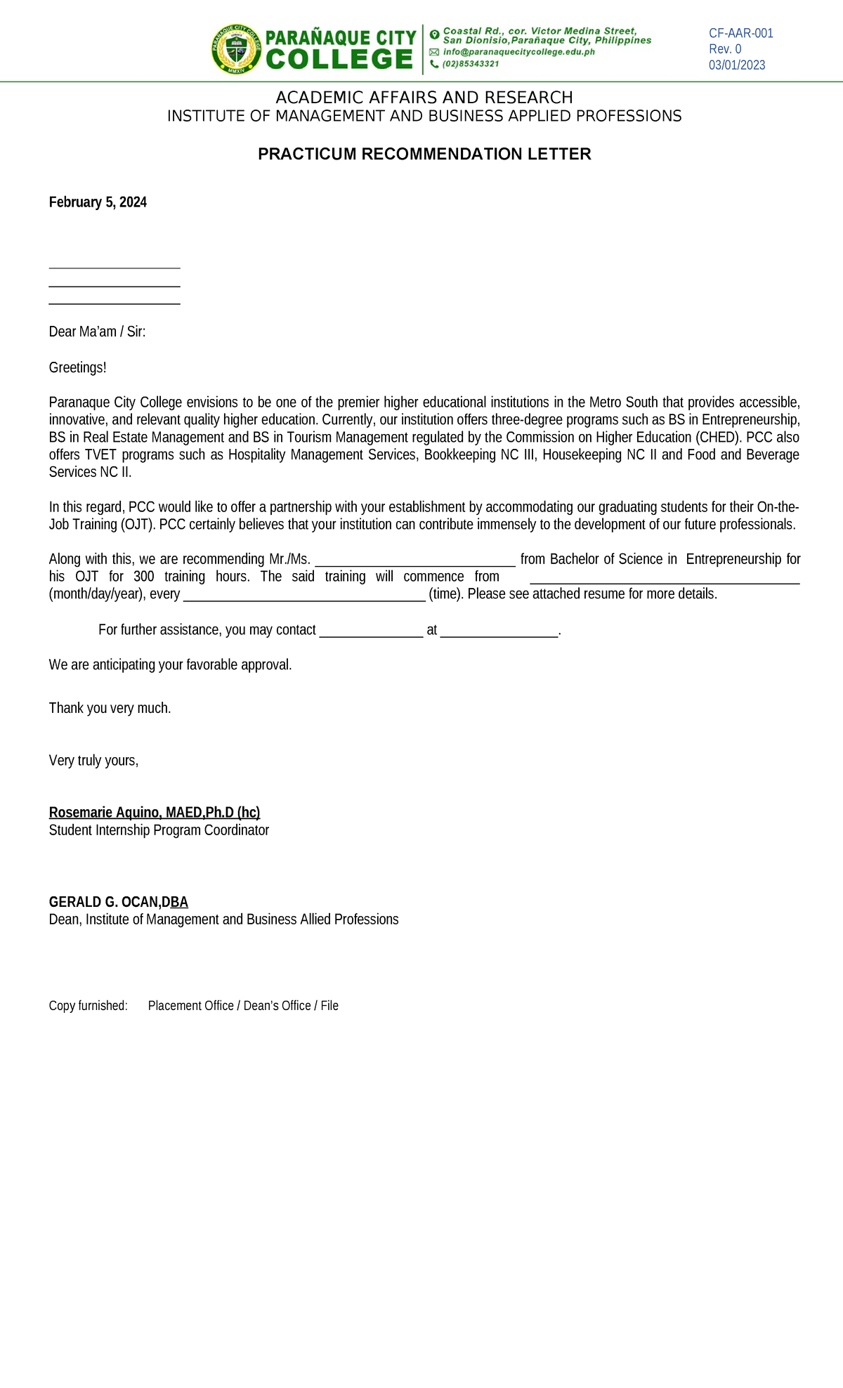 CF-AAR-001- Practicum Recommendation Letter - CF-AAR- Rev. 0 03/01/ ACADEMIC AFFAIRS AND ...
