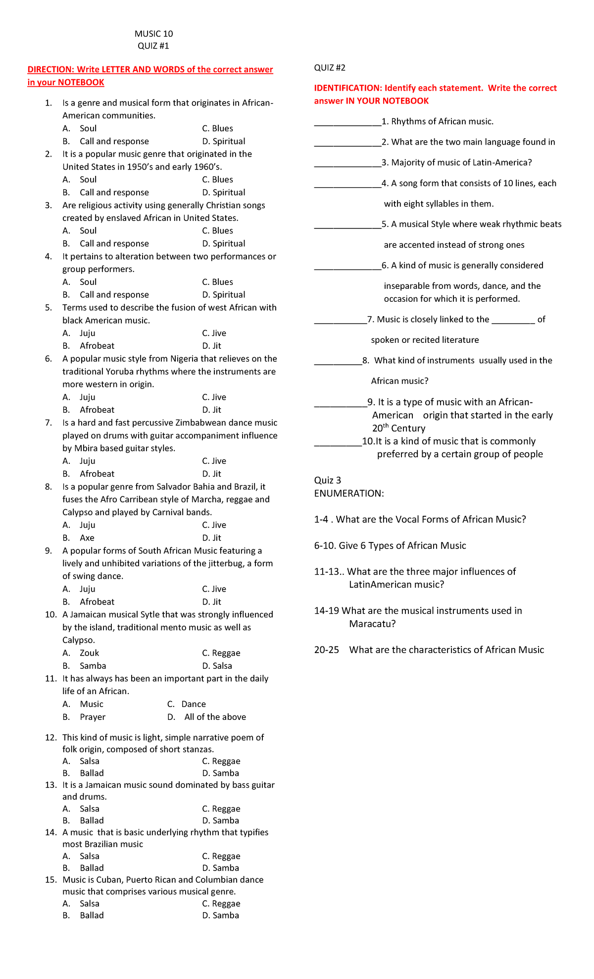 QUIZ-in- Music - MUSIC 10 QUIZ DIRECTION: Write LETTER AND WORDS of the ...