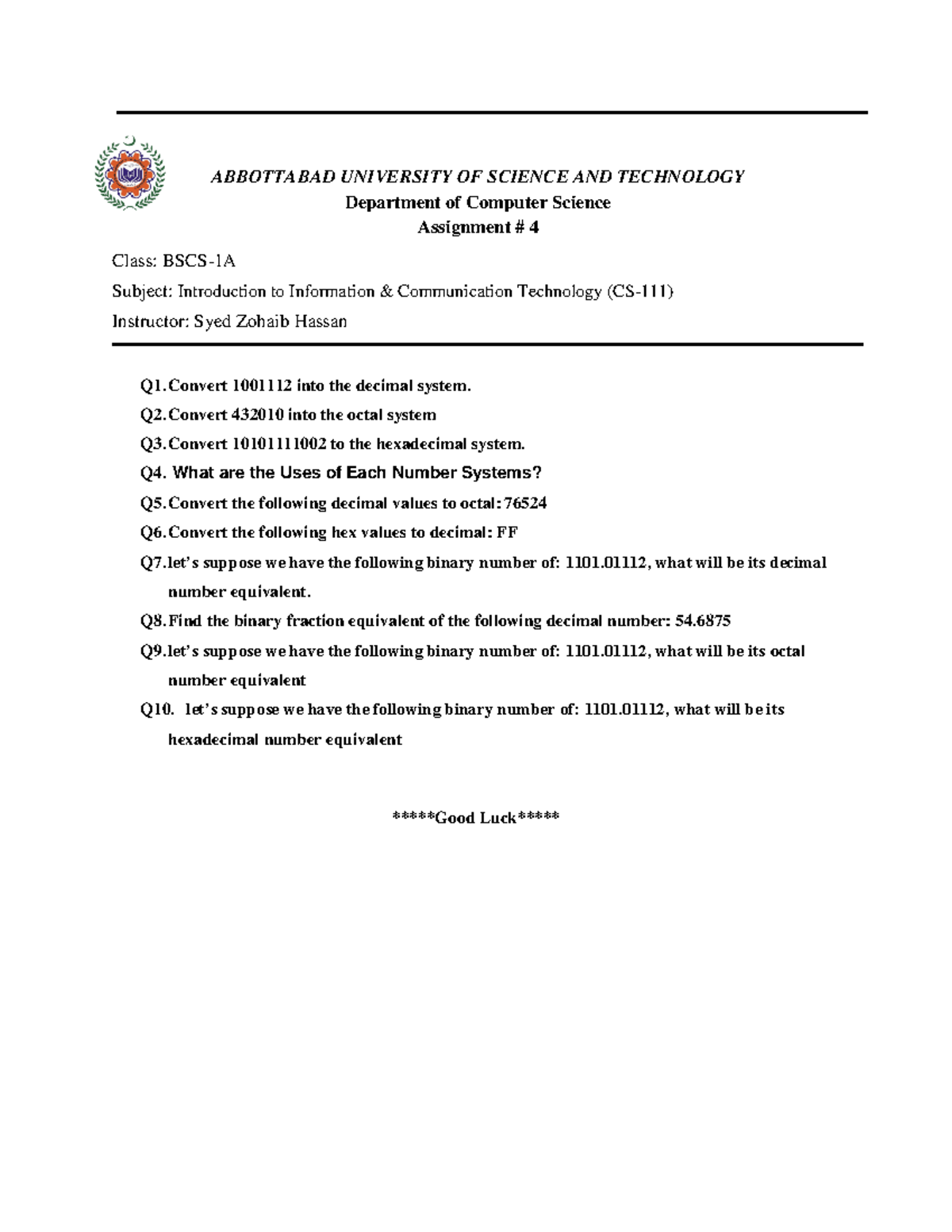 Assignment 4 ict - Lecture notes 1-32 - ABBOTTABAD UNIVERSITY OF ...