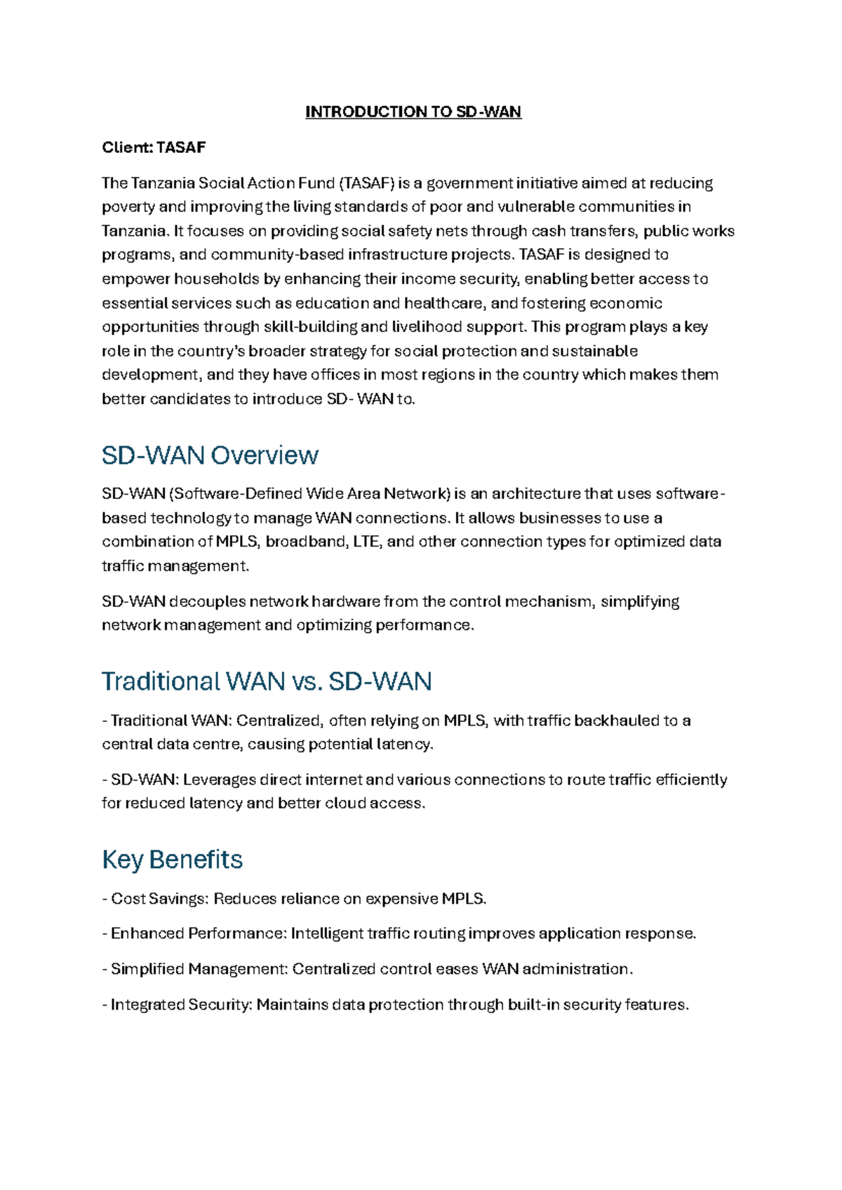 Sales Presentation Tasaf SD-WAN - INTRODUCTION TO SD-WAN Client: TASAF ...