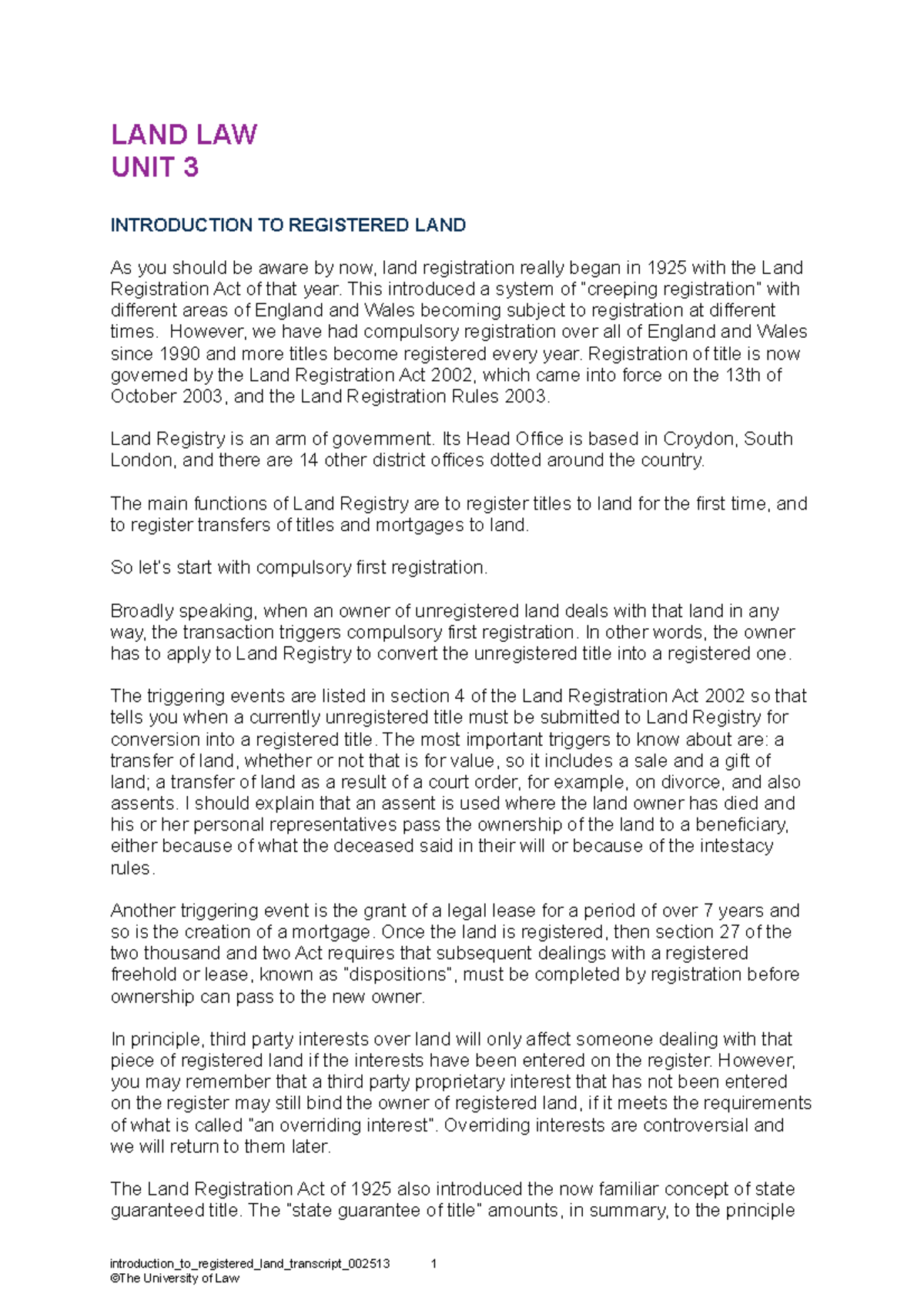 Introduction to registered land - LAND LAW UNIT 3 INTRODUCTION TO ...