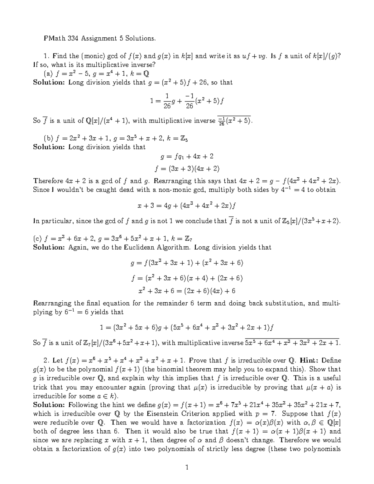 A5 Sol - Solved assignment of field exte - PMath 334 Assignment 5 ...