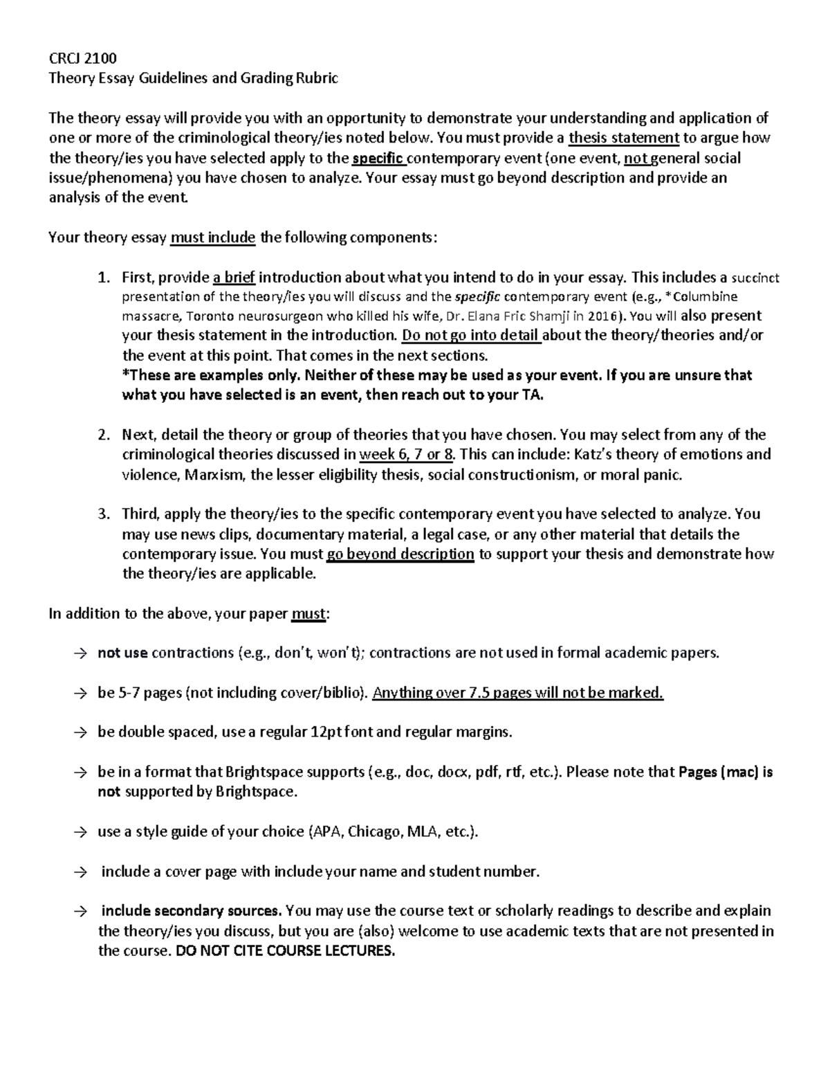 CRCJ 2100 Theory Essay Guidelines - You must provide a thesis statement ...