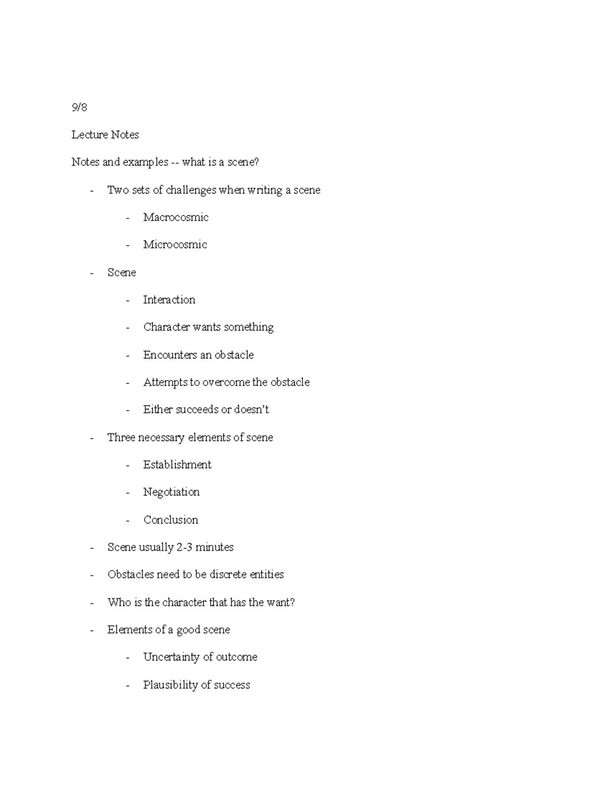 What is a Scene Notes - 9/ Lecture Notes Notes and examples - what is a ...