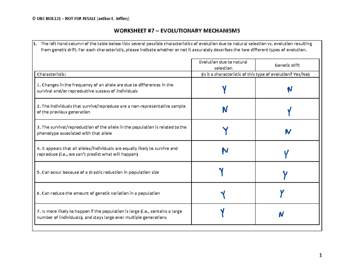 Worksheet 7 - Evolutionary Mechanisms - WORKSHEET #7 – EVOLUTIONARY ...