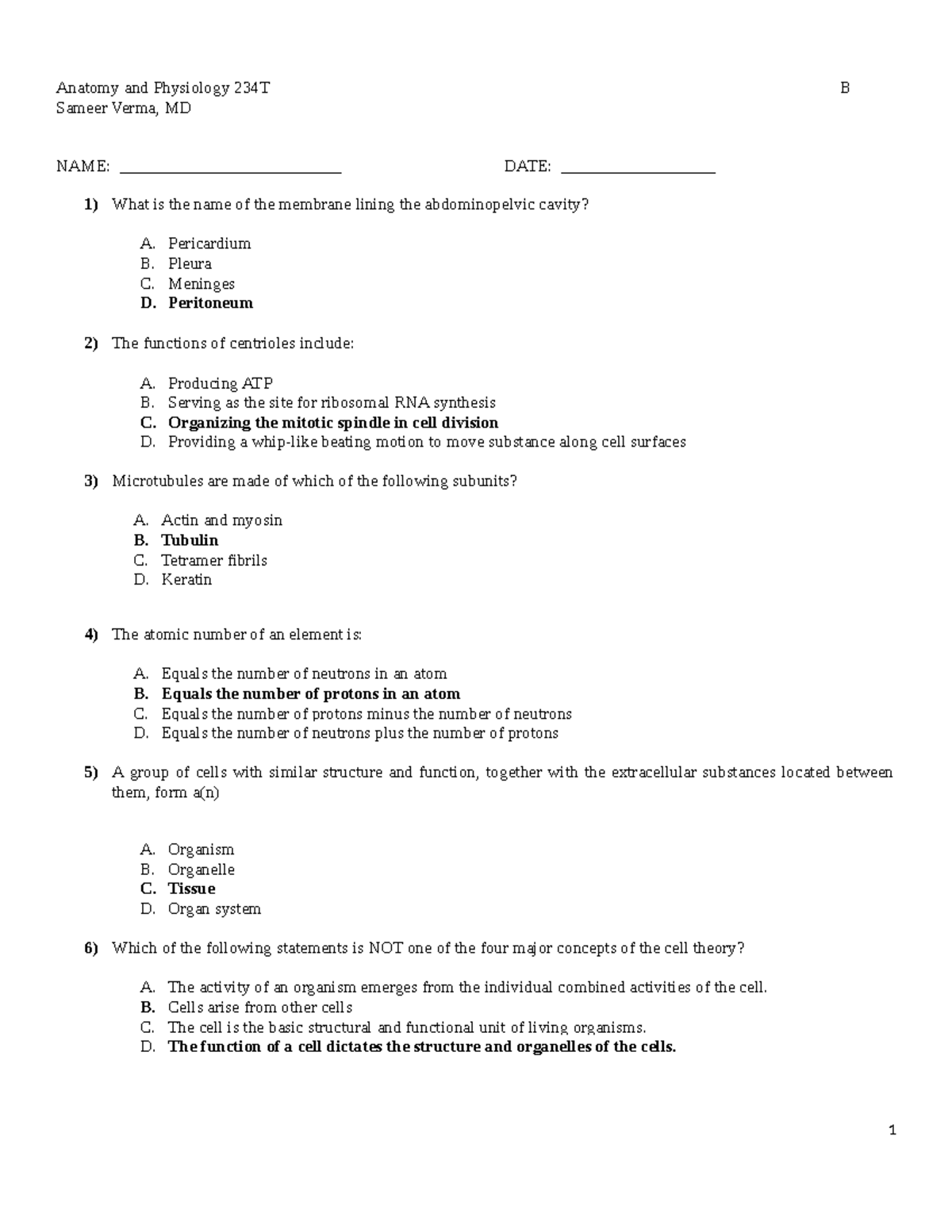 AP EXAM B Answers - A&P exam 1 - Anatomy and Physiology 234T B Sameer ...