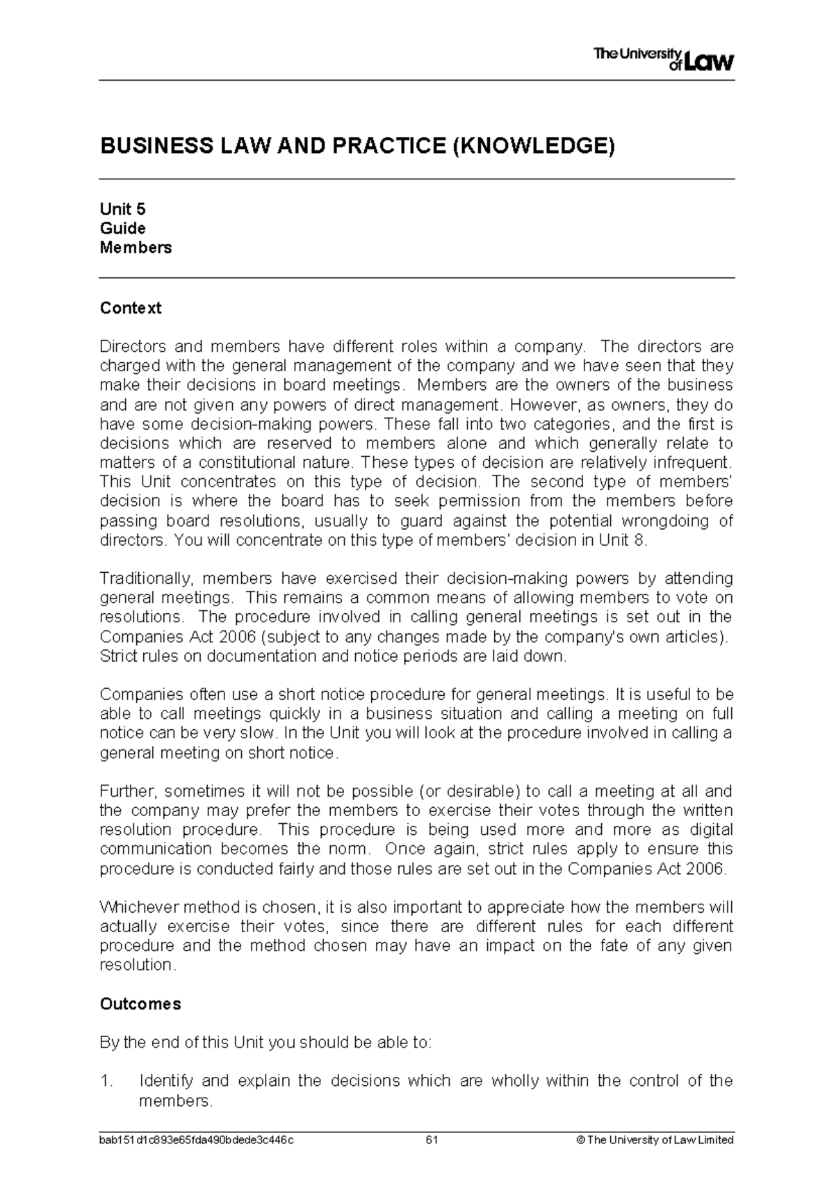 Guide 5 - BUSINESS LAW AND PRACTICE (KNOWLEDGE) Unit 5 Guide Members ...