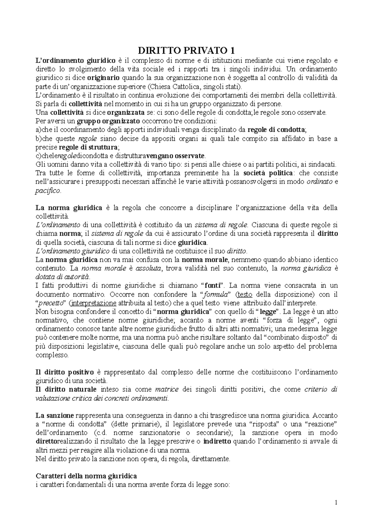 Patti diritto privato - DIRITTO PRIVATO 1 L’ordinamento giuridico è il ...