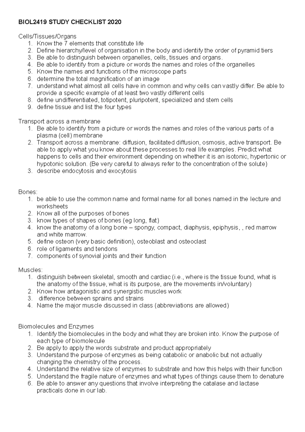 AD012 biol 2419 2020 Study Checklist - BIOL2419 STUDY CHECKLIST 2020 ...
